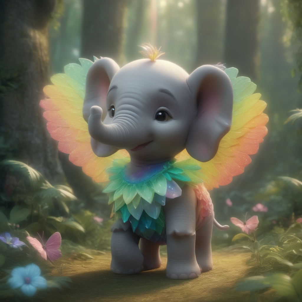 “A baby elephant with wings and a rainbow dress in a green magical ...