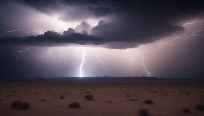 A dramatic scene of lightning striking a barren landscape, illuminating ...