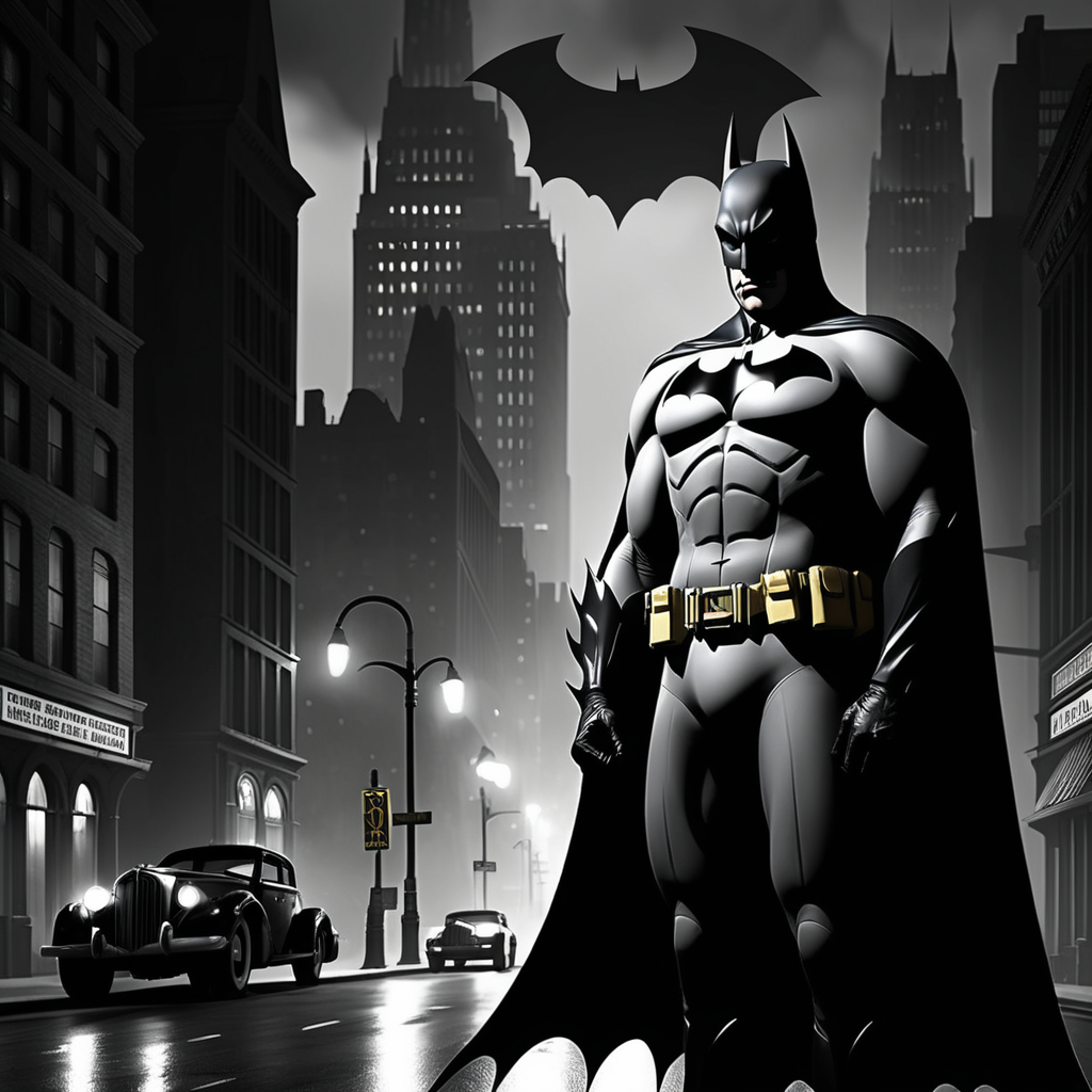 “Create a dramatic streetscape of Gotham City with Batman watching over ...