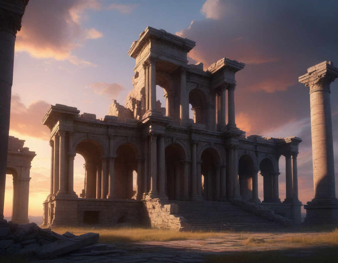 Ruins, deserted, landscape, sunset, epic sky, cinematic, detailed ...
