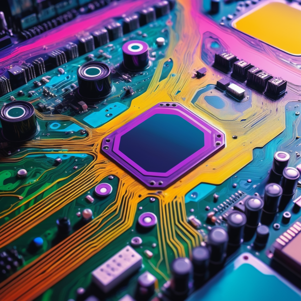 Vibrant digital circuit board, paint, camera lens, artificial ...