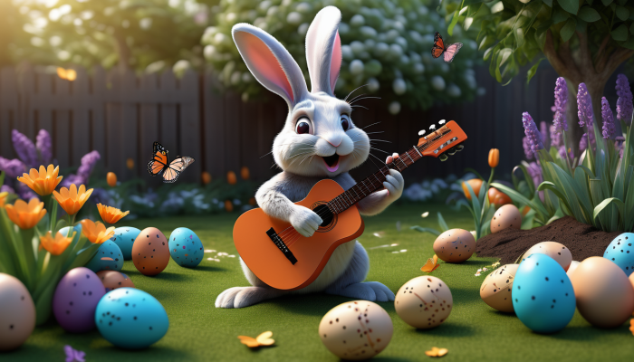 3d vector art of a bunny playing a guitar, Easter eggs and butterflies ...