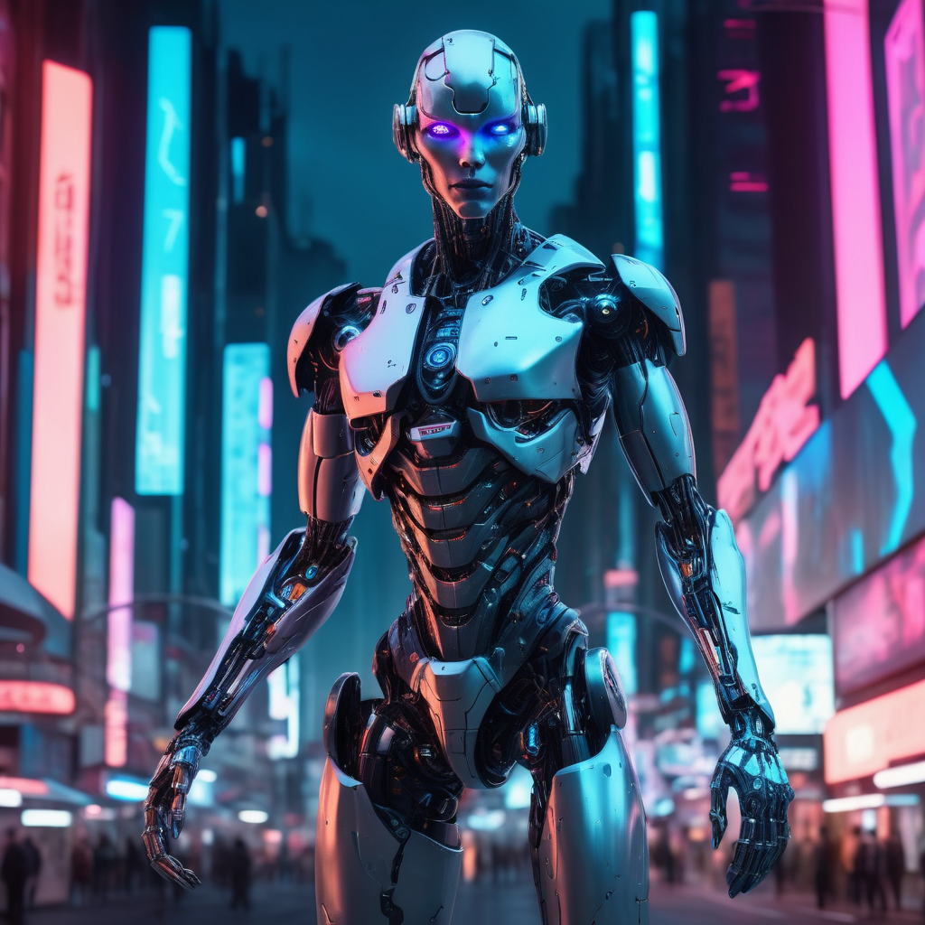 “A cyborg hybrid with glowing eyes and metallic limbs, standing in a ...