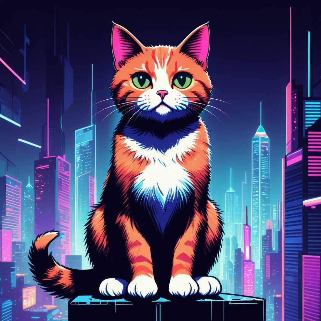 “A sleek, modern cat perched atop a futuristic city skyline ...
