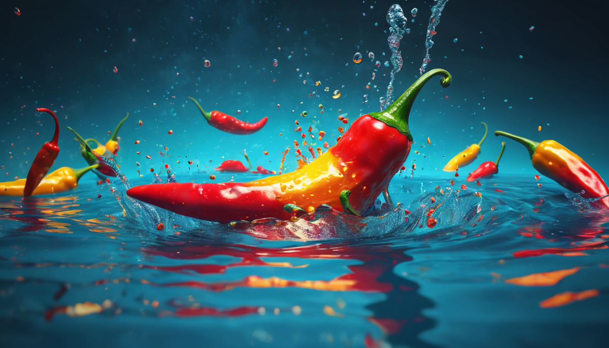 “A stunning digital illustration of a fiery hot pepper splashing into a ...