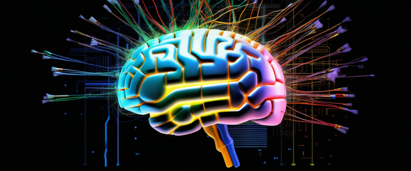 Artificial brain made of electric circuits and developer code, matrix style, exploding with ...