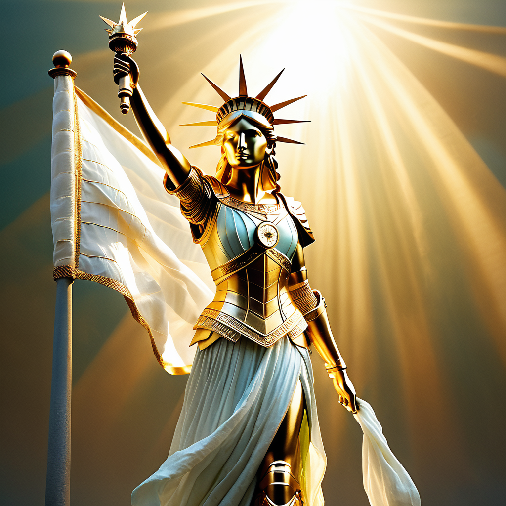 “Statue of Liberty, wearing golden armor, holding a white flag Dreamy ...