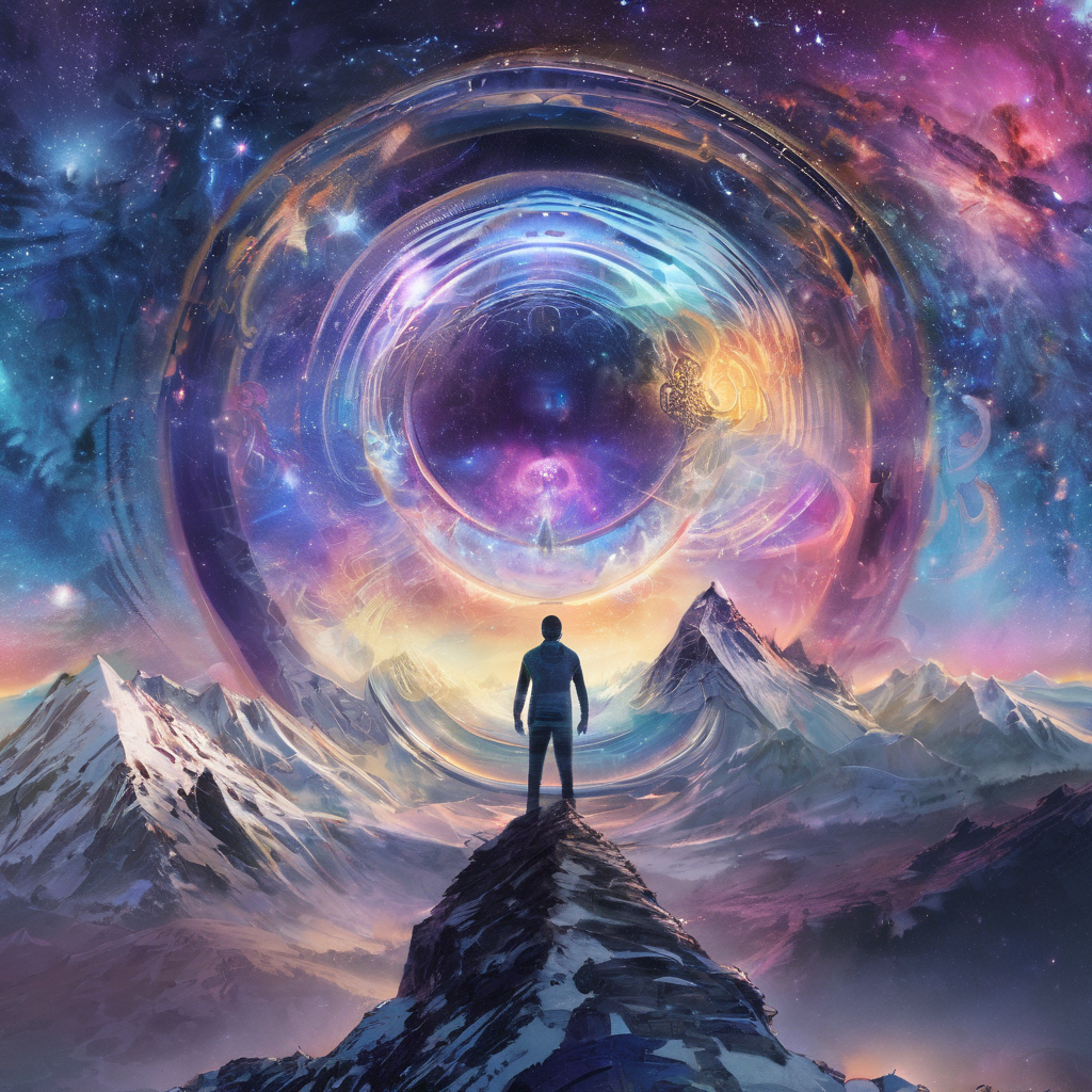 A man standing in front of a galactic portal on a mountain peak ...