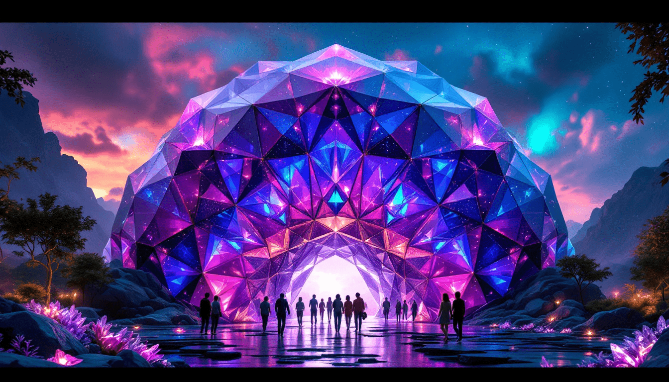 A geodesic structure built with ruby and amethyst gemstones, crystal ...