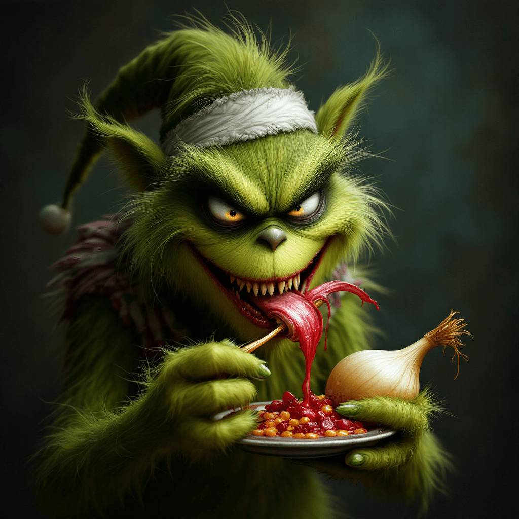 A realistic creepy grinch eating and onion – Spring AI Studio